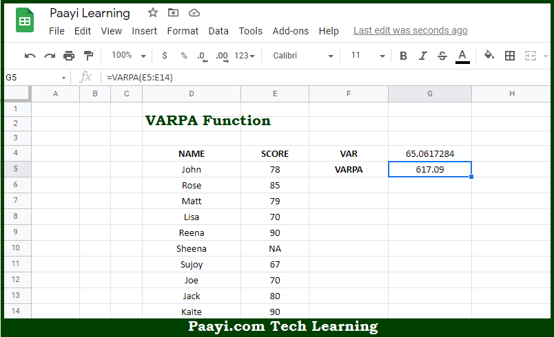 Learn How to Use Google Sheets VARPA Function | Paayi Tech