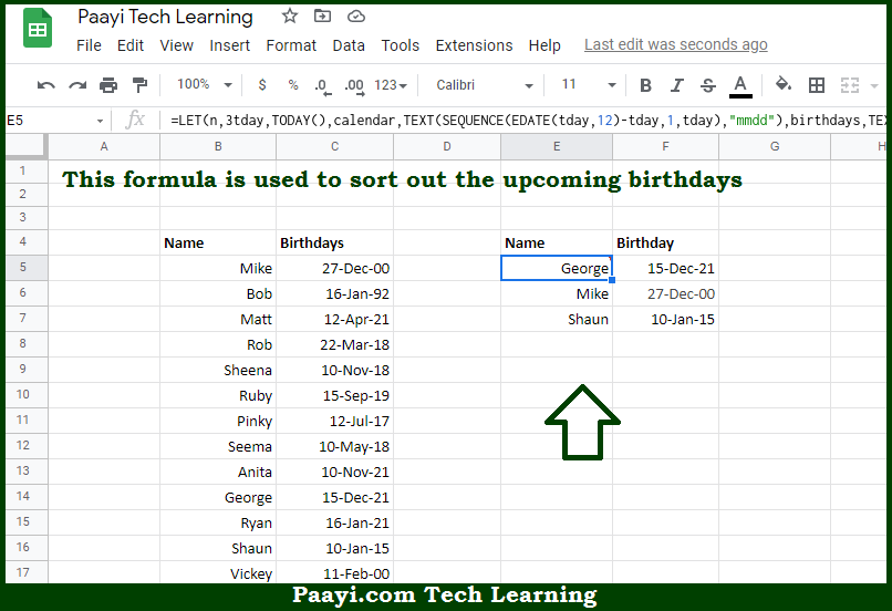 Learn How to List Upcoming Birthdays in Google Sheets | Paayi