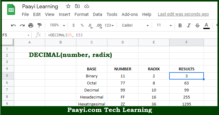 Learn How to Use Google Sheets DECIMAL Function | Paayi Tech